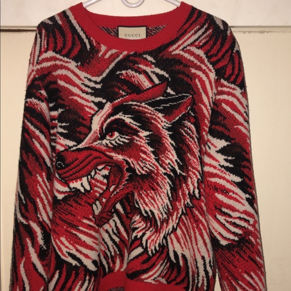 Gucci | Sweaters | Gucci Red Rare Wolf Intarsia Sweater 90 Obo | Poshmark